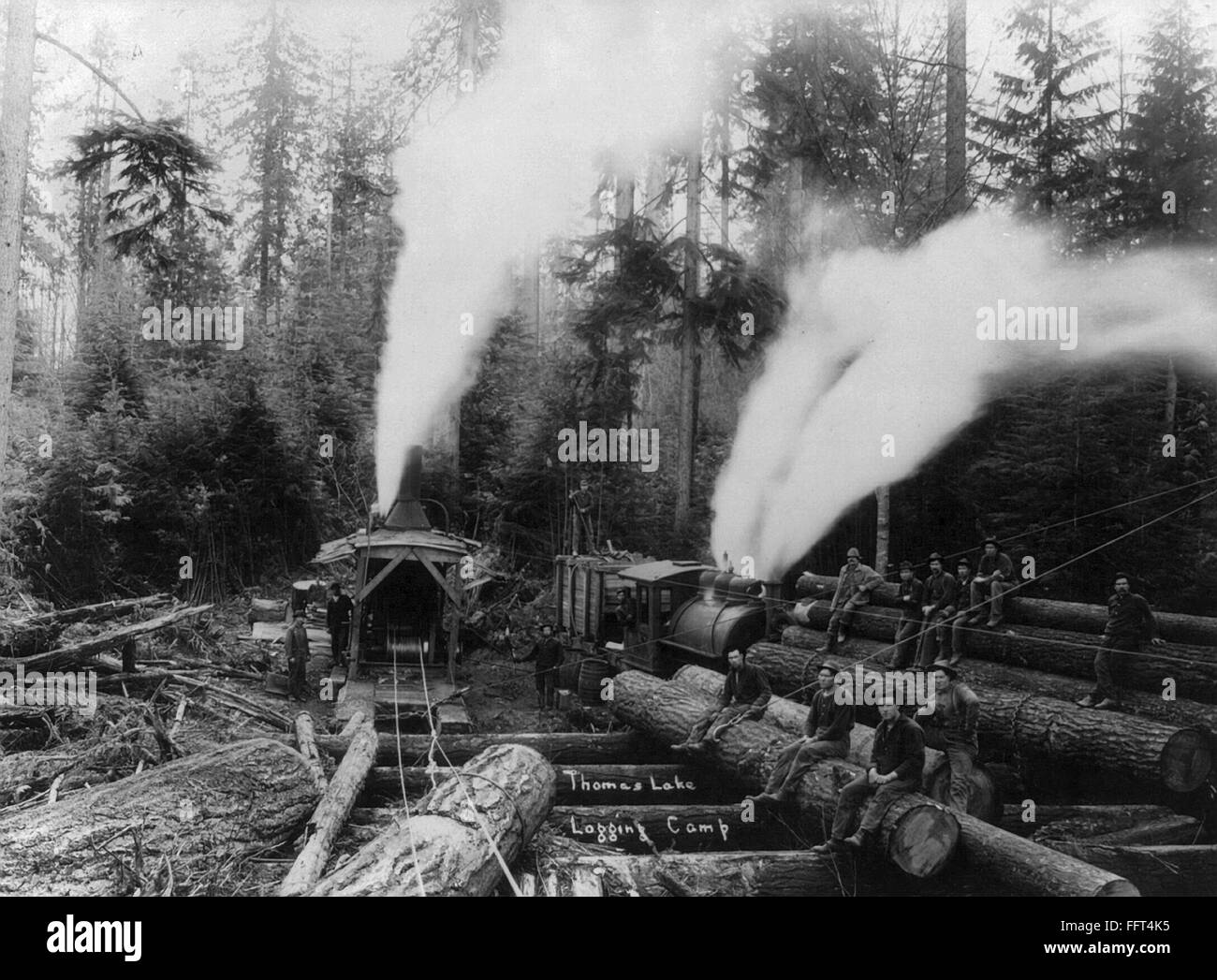 LUMBERJACKS, 1910. /nLumberjacks using a steam-powered logging machine ...