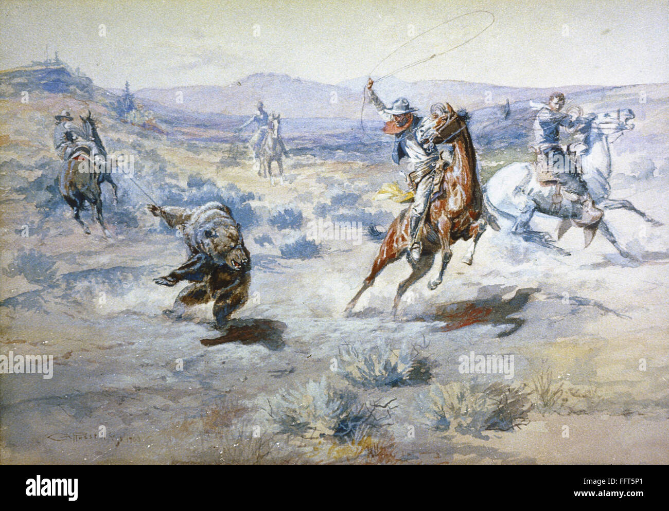 RUSSELL: ROPING A GRIZZLY. /nMen on horseback roping a grizzly bear ...