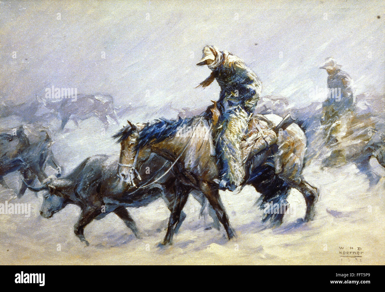 KOERNER: HARD WINTER, 1932. /n'Hard Winter.' Cowboys driving cattle in ...