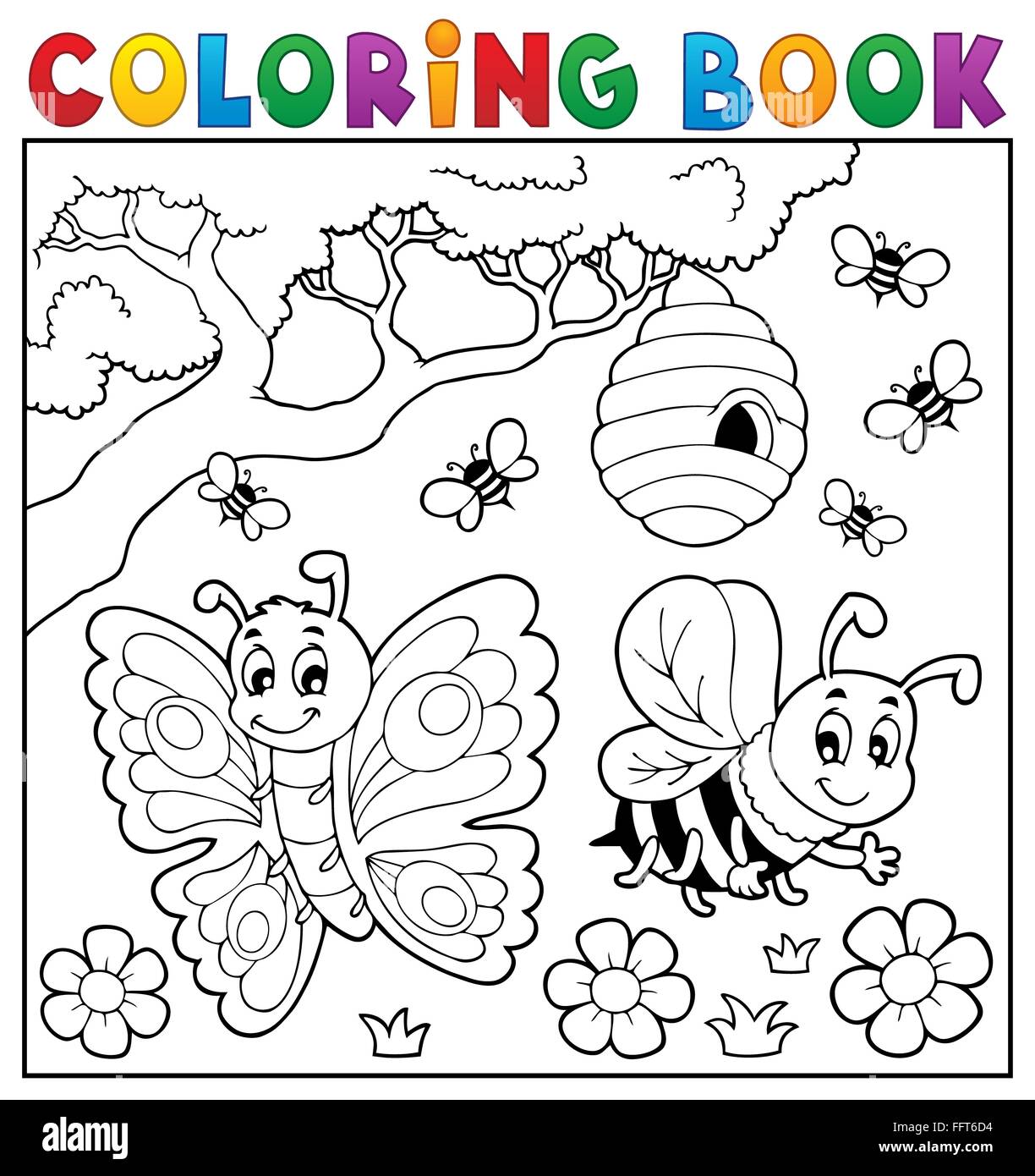 Coloring book with butterfly and bee - picture illustration Stock Photo ...