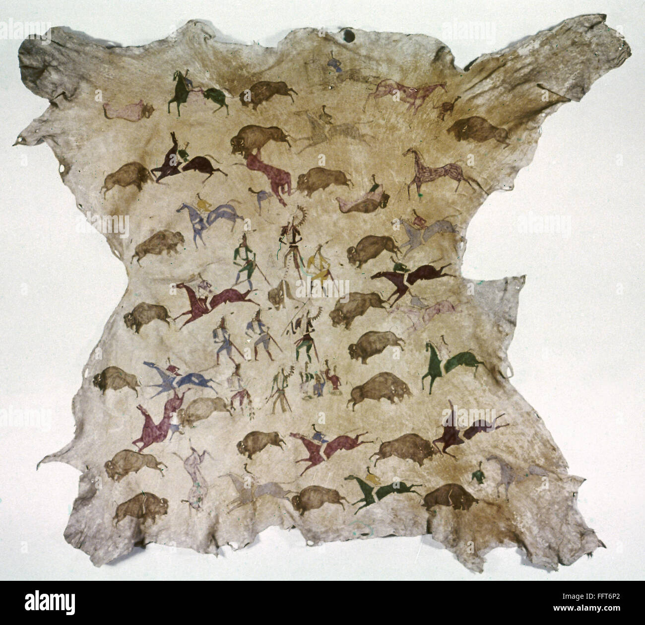 SHOSHONE BUFFALO HIDE. /nBuffalo hide, painted with a Sun Dance design ...