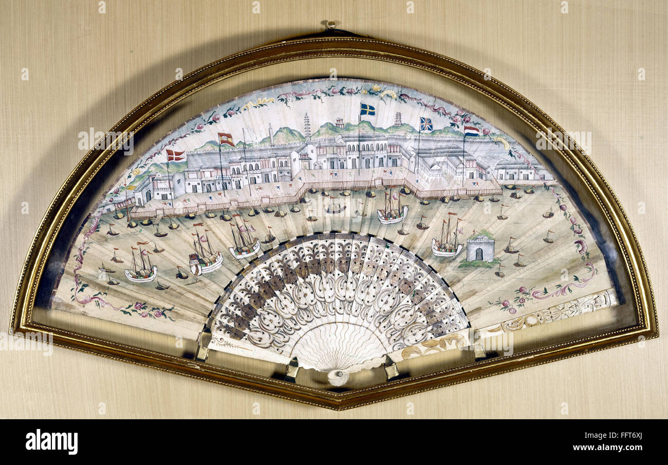 CHINA: PAINTED FAN, 1775. /nPainted fan depicting the foreign factories ...