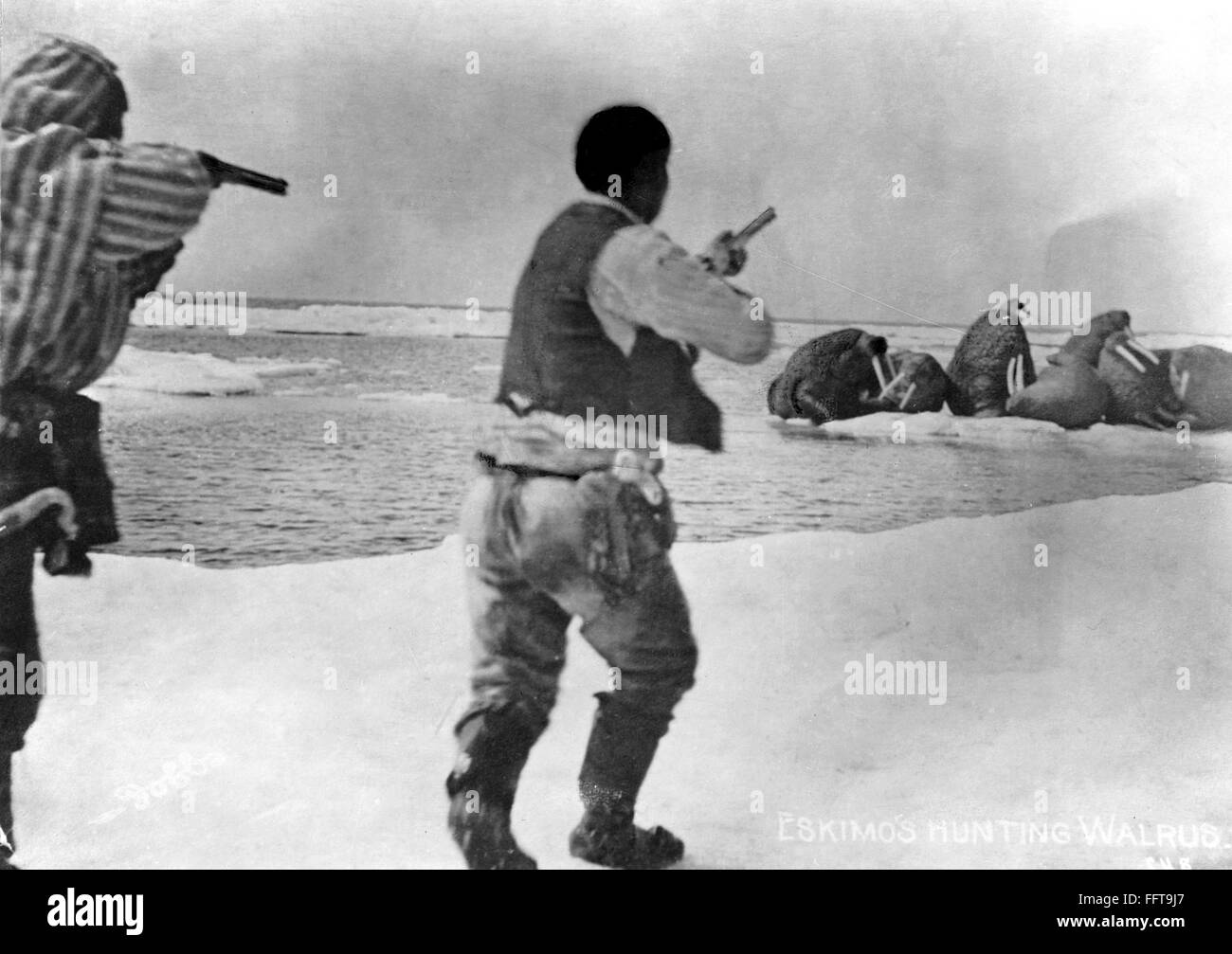 ALASKA: WALRUS HUNTING. /nTwo Eskimo men with guns raised, hunting ...
