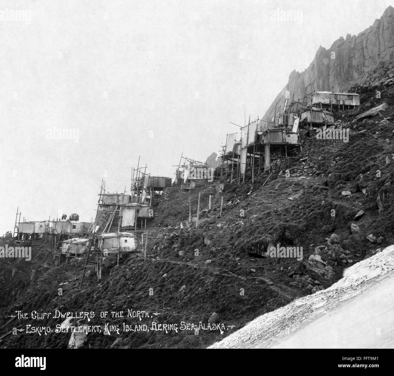ALASKA: CLIFF DWELLINGS. /nA view of an Eskimo cliff dweller settlement ...