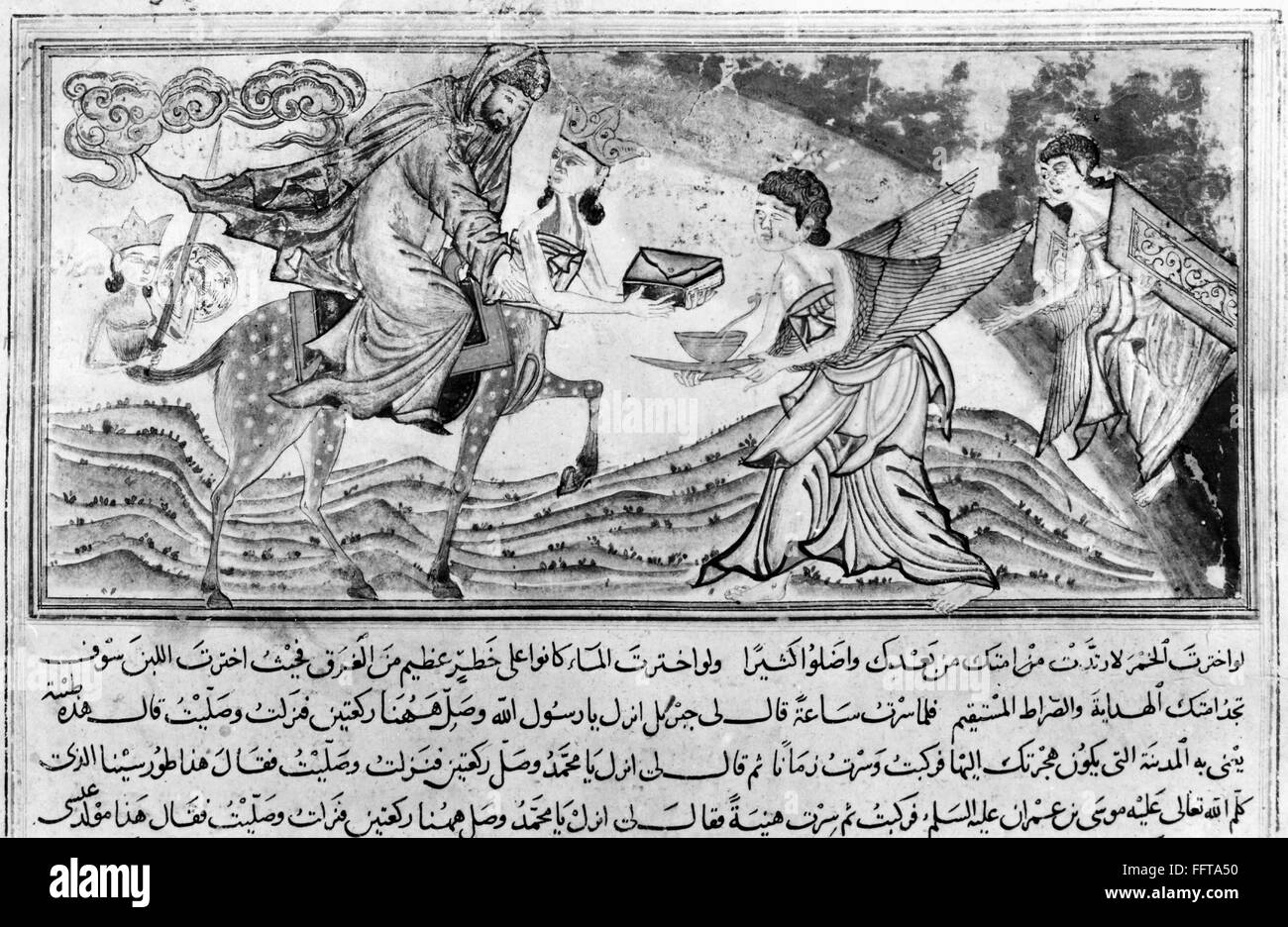 MOHAMMED (570-632). /nArabian prophet and founder of Islam. Mohammed riding Buraq during the Mi ...