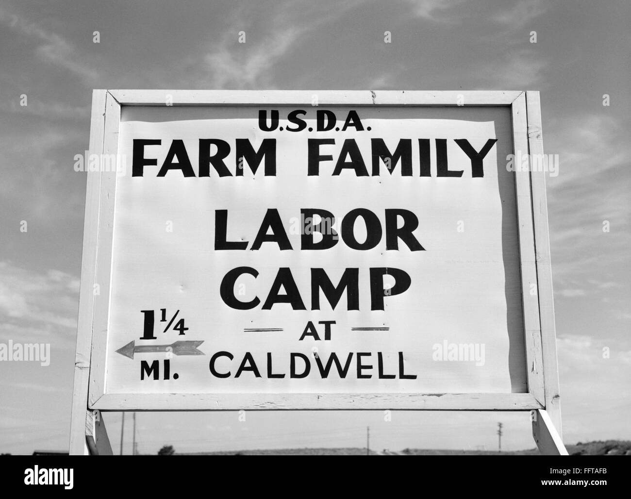 LABOR CAMP SIGN, 1941. /nA road sign for a Farm Security Administration ...