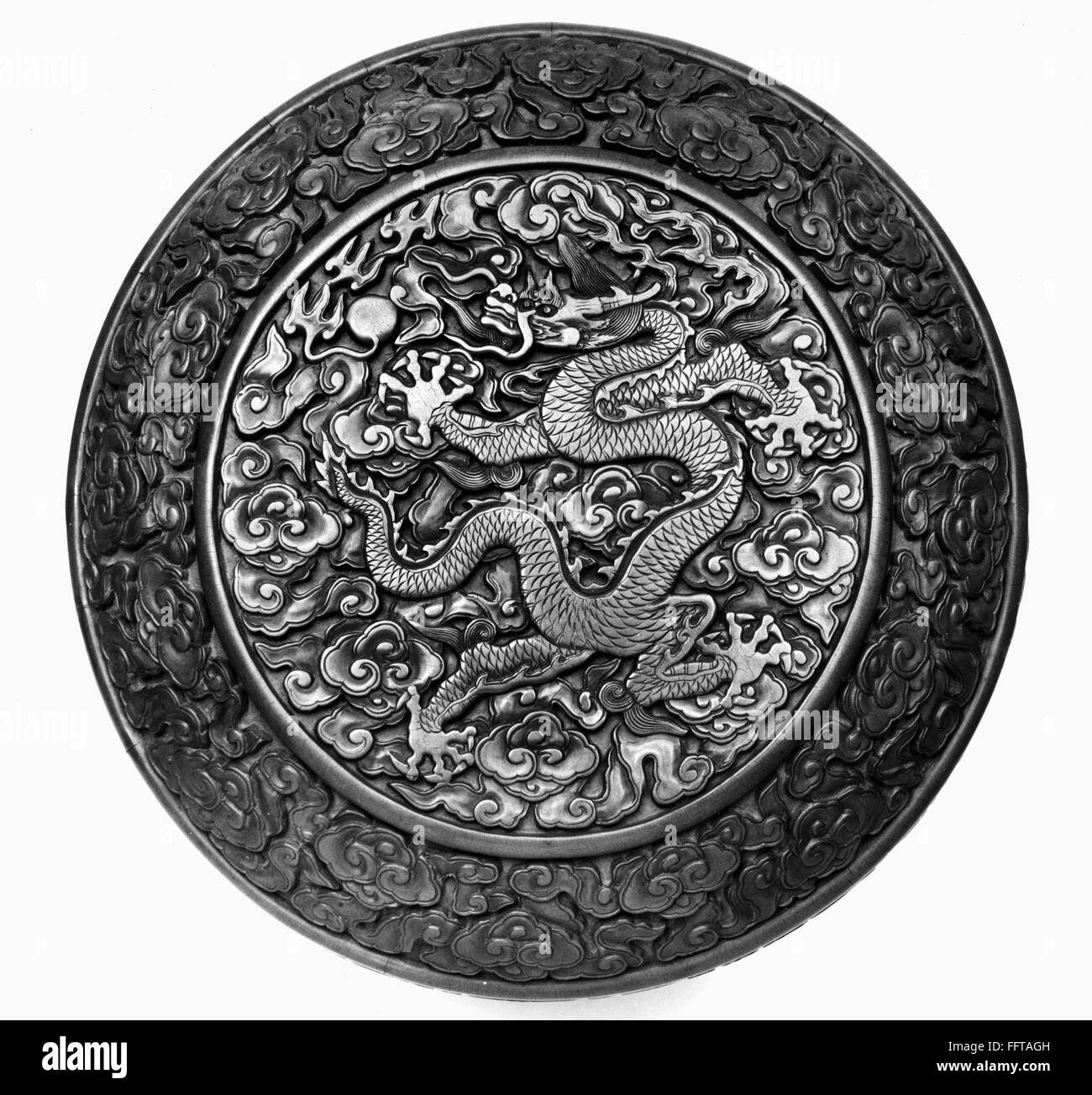 CHINA: BOX COVER. /nRed lacquer box cover with dragon and cloud design ...