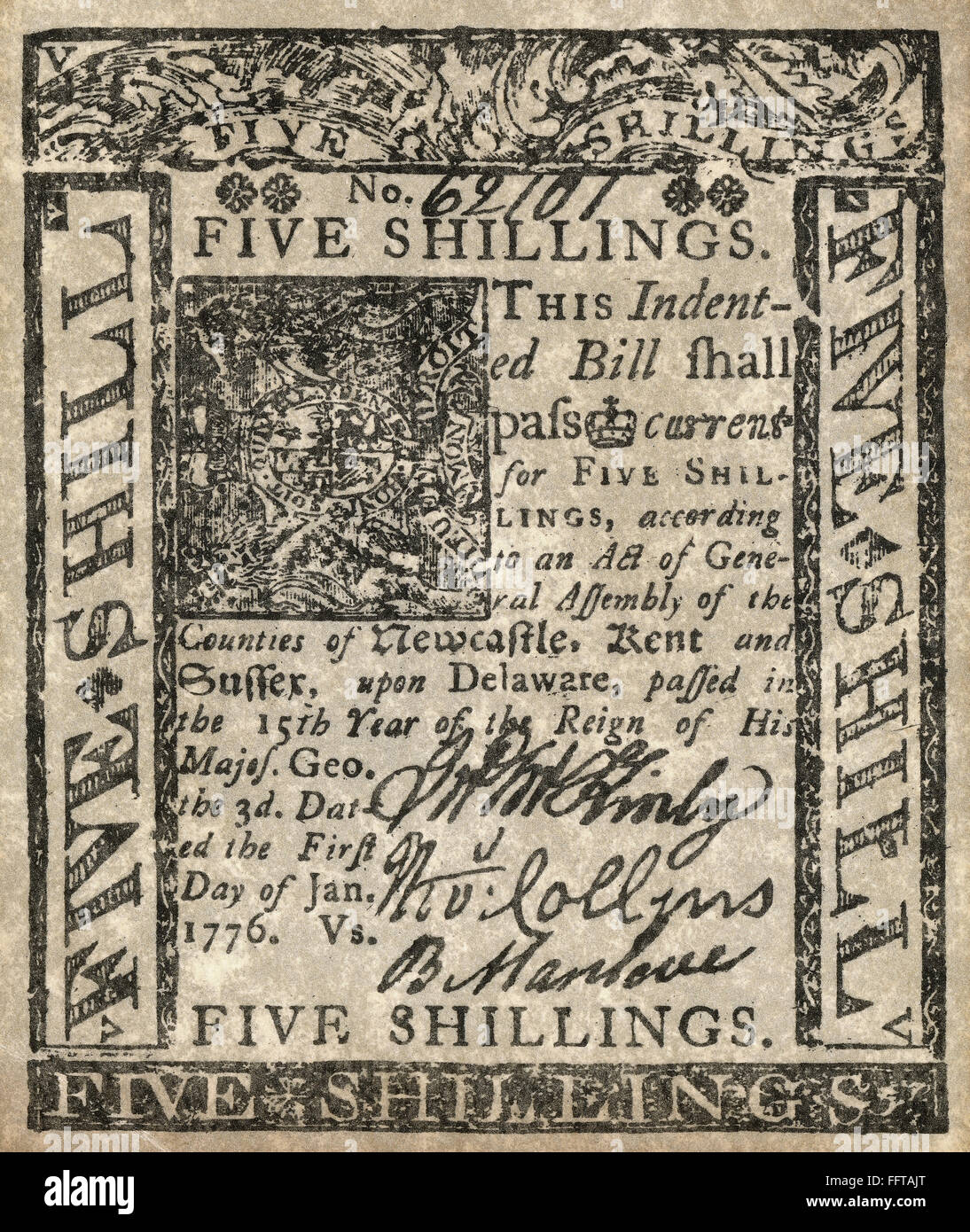COLONIAL CURRENCY, 1776. /nFour shilling paper bill issued in Delaware ...
