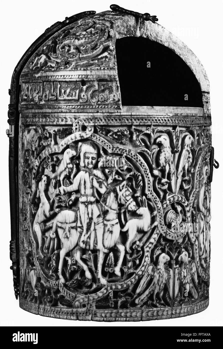 SPAIN: BOX, 10th CENTURY. /nCarved ivory box with a hunting scene, made ...