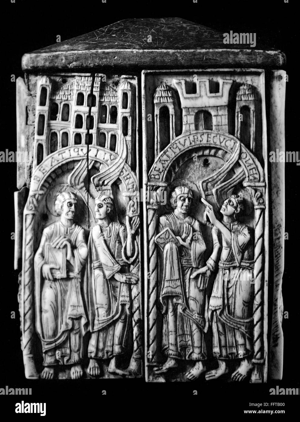 IVORY CHEST, 11th CENTURY. /nCarved ivory chest with panels depicting ...