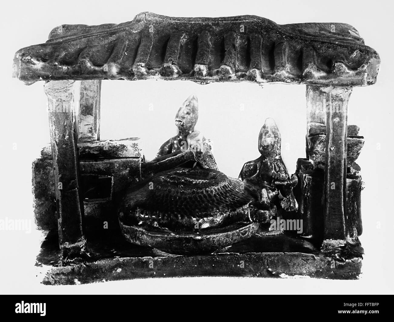 CHINA: GRISTMILL FIGURE. /nGlazed clay model of laborers at work in a ...