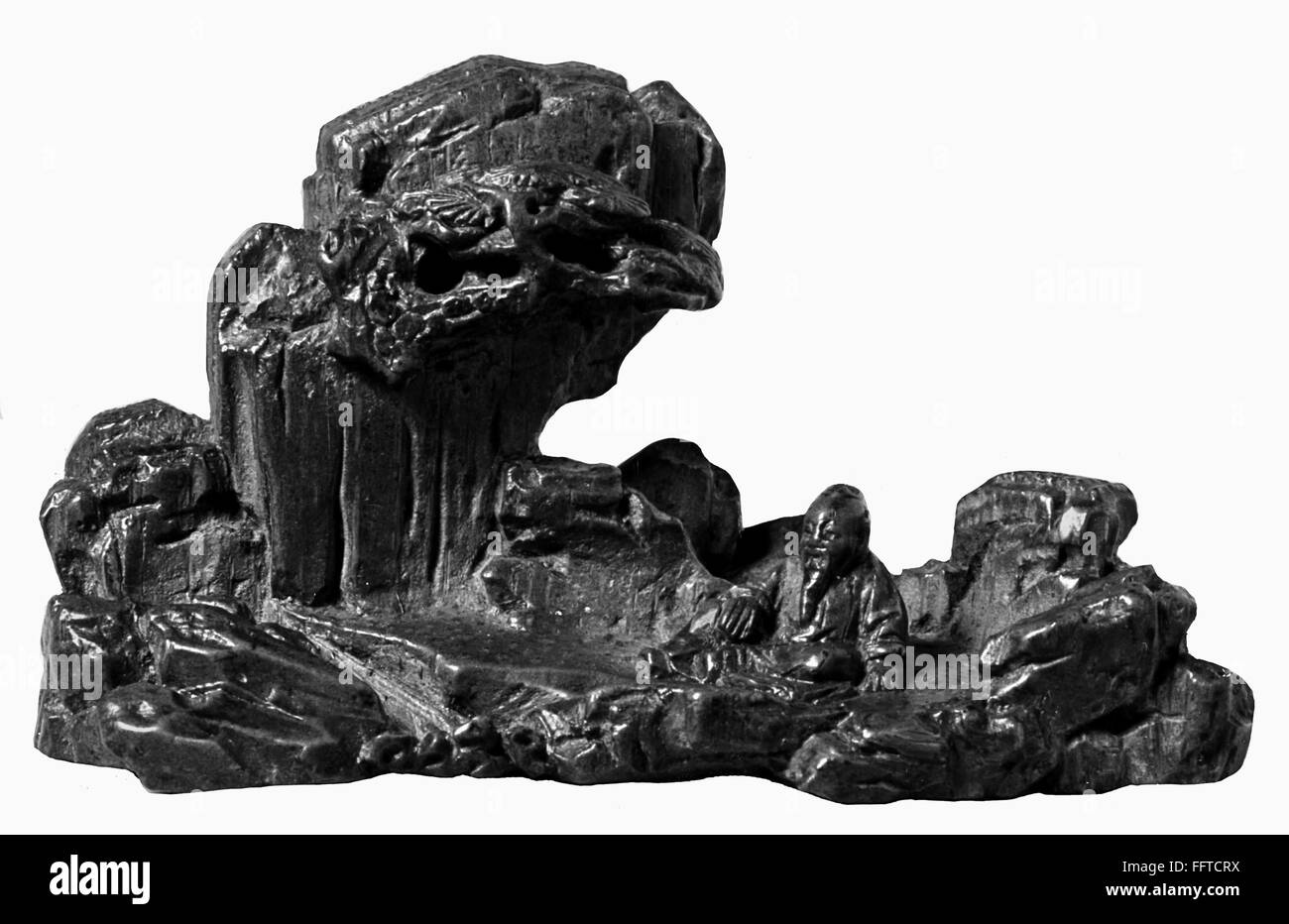 CHINA: WOODEN FIGURE. /nMiniature carving of a philosopher seated ...