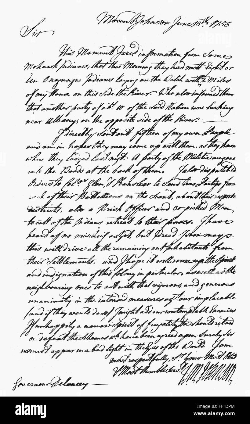 LETTER: INDIAN AFFAIRS, 1755. /nLetter written by Sir William Johnson ...