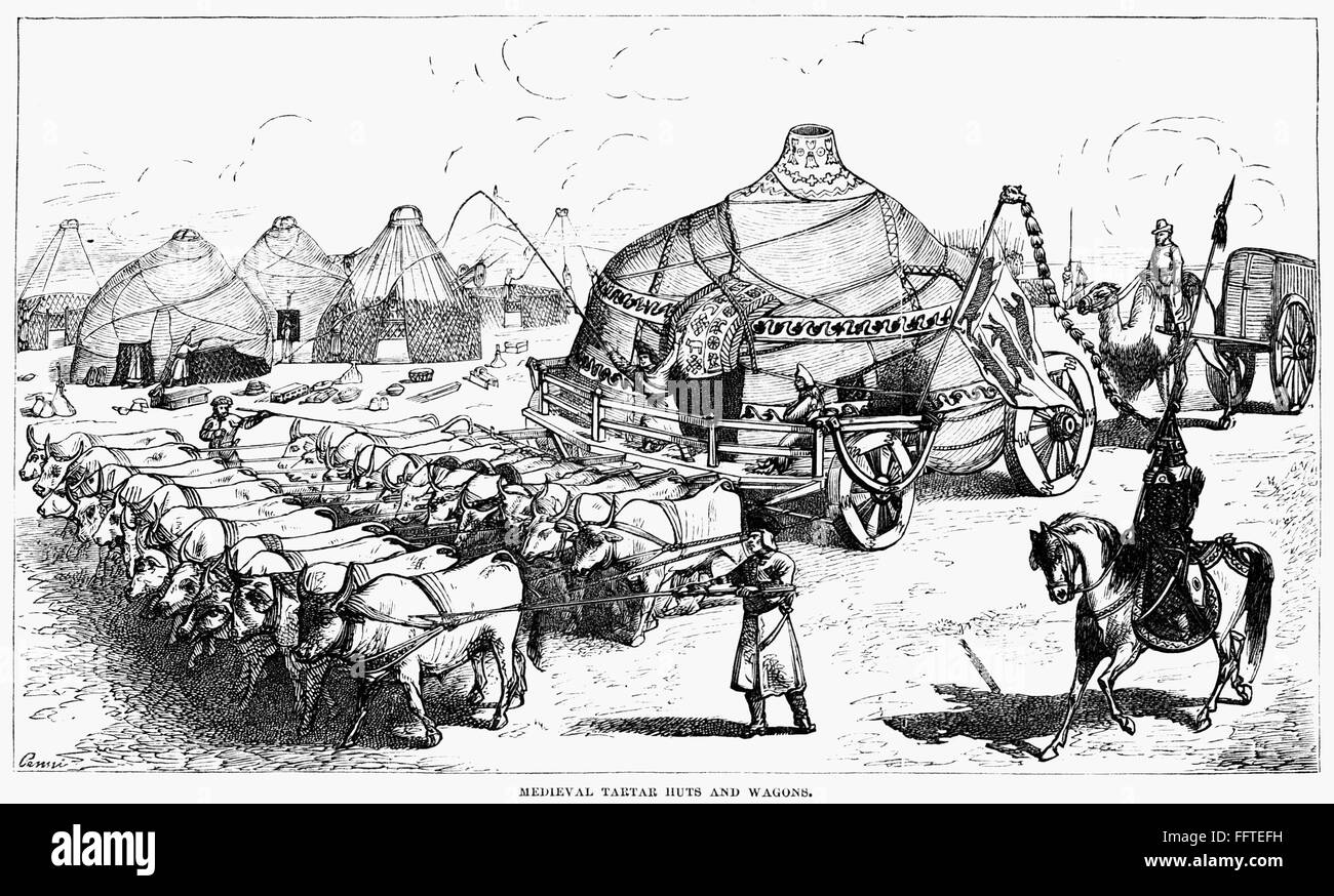 MEDIEVAL TARTAR HUTS. /nMedieval Tartar huts and ox-drawn carts. Line ...