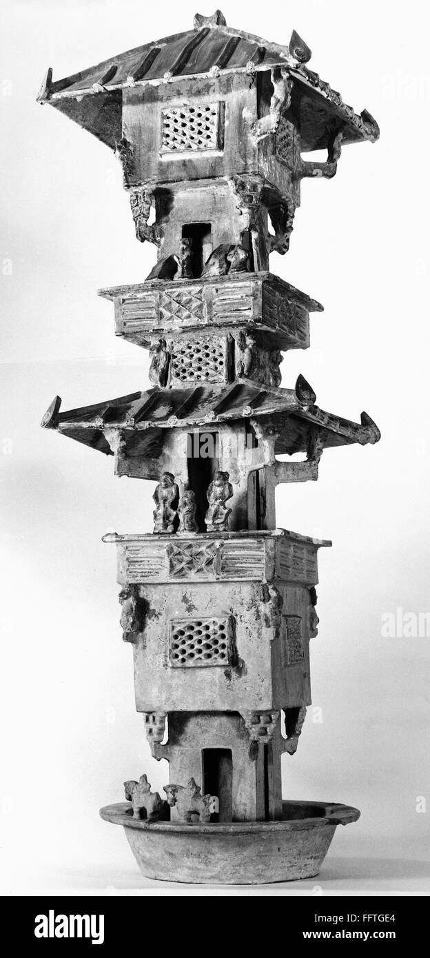 CHINA: TOMB MODEL. /nGlazed earthenware tomb model of a watchtower with ...
