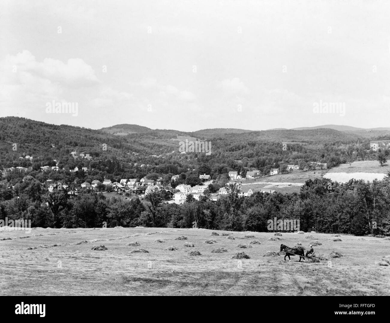 VERMONT: FARMING, 1941. /nFarmer stacking hay with a drop rake drawn by ...