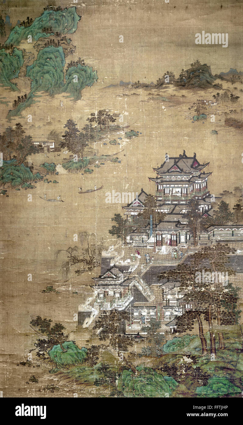 CHINA: PALACE. /nA palace of the T'ang Dynasty beside a lake. Painted ...