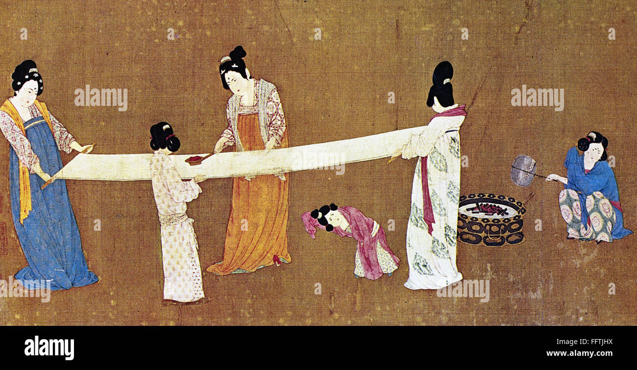 CHINA: SILK MANUFACTURE. /nWomen ironing a completed bolt of silk cloth ...