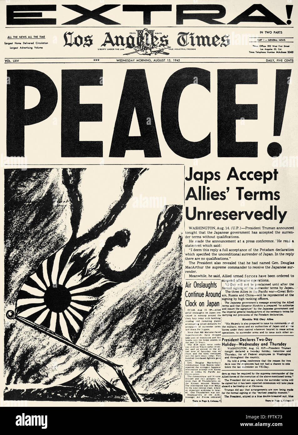 WORLD WAR II: V-J DAY, 1945. /nFront page of the 'Los Angeles Times ...