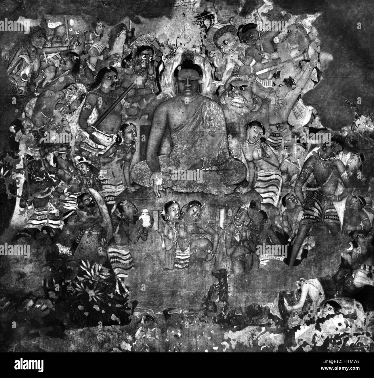 MARA ASSAULTING BUDDHA. /nThe demon Mara tempting Buddha with the ...