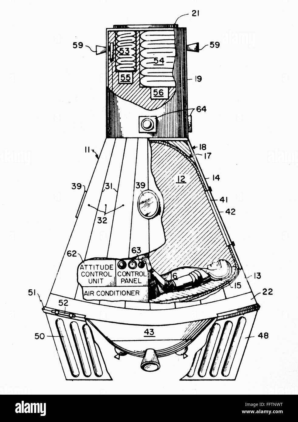 SPACE CAPSULE, 1963. /nEngraved patent drawing, 1963, for a space ...
