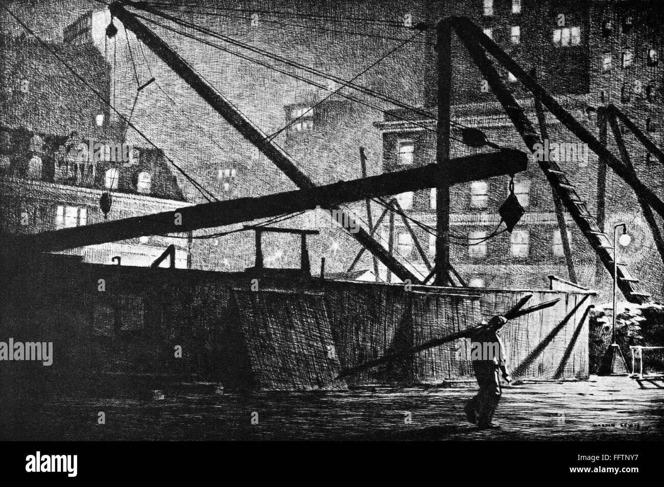 MARTIN LEWIS: NEW YORK. /nDerricks at Night. Etching by Martin Lewis ...