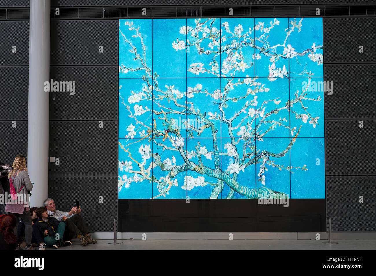 Visitors sit in front of a giant screen featuring Almond Blossom by ...