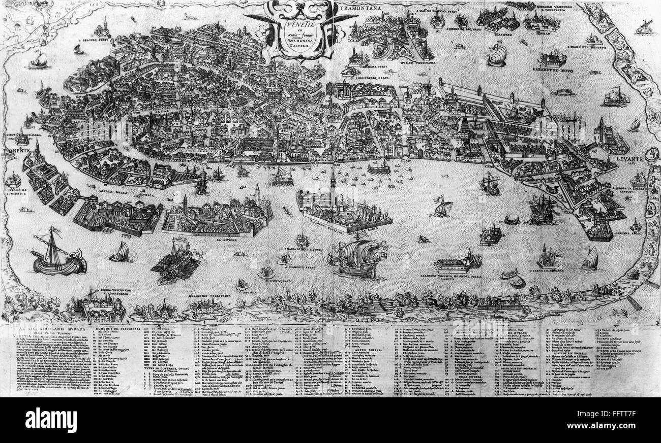 VENICE: MAP, c1566. /nMap of Venice. Line engraving, c1566 Stock Photo ...