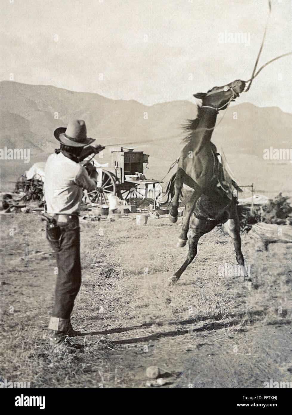 TEXAS: COWBOY, c1910. /nA cowboy holding a rope around the neck of a ...