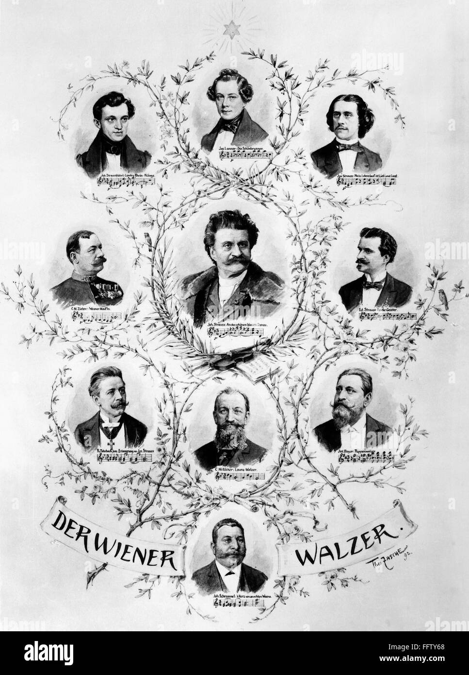 VIENNESE COMPOSERS. /nPortraits of ten Viennese waltz composers. Center ...