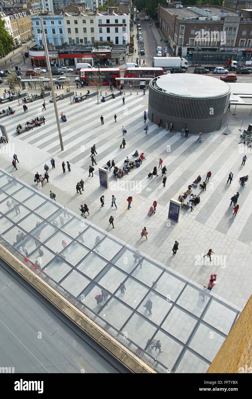 Bird's eye perspective of paved square and urban context. King's Cross ...