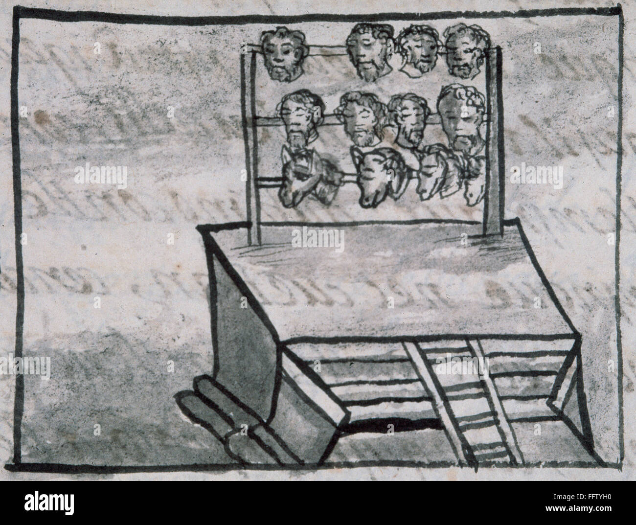 MEXICO: SKULL RACK. /nSkulls of sacrificed men and horses skewered on ...