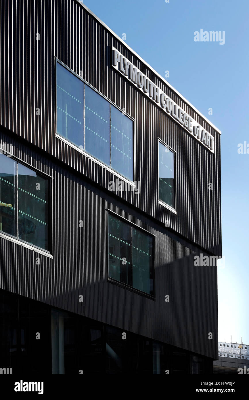 Facade perspective with glazing, cladding and signage. Plymouth College ...