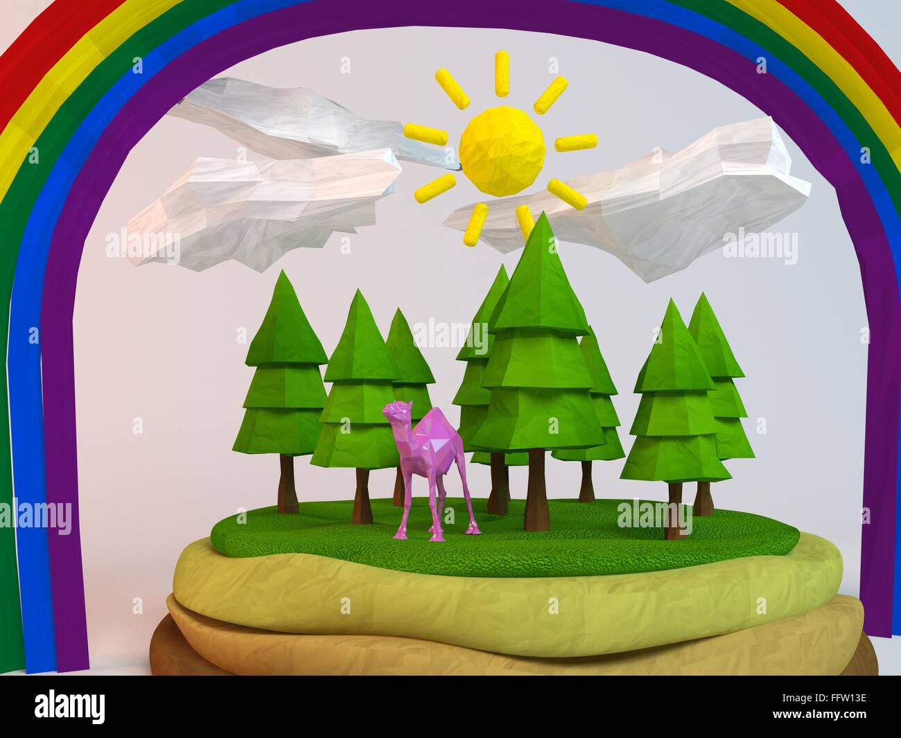 3d camel inside a low-poly green scene with sun, trees, clouds and a ...