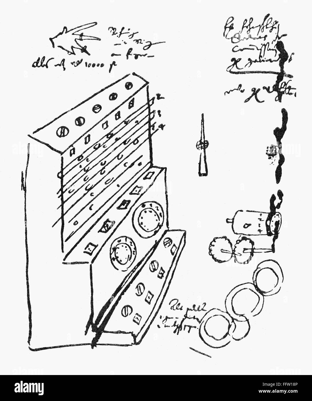 SCHICKARD CALCULATOR. /nSketch by Wilhelm Schickard of his design for a ...