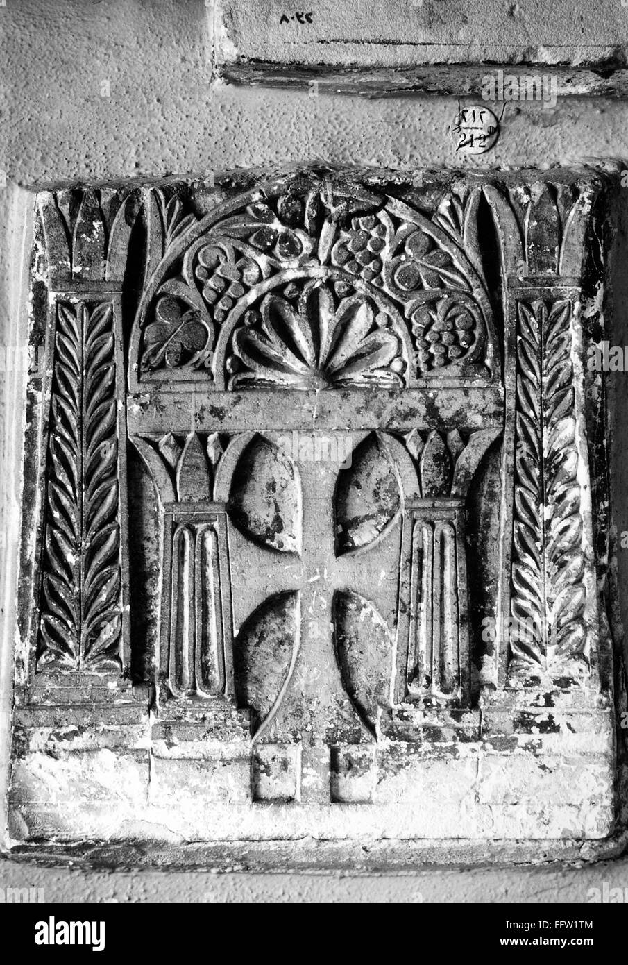 COPTIC CROSS. /nCross flanked by lotus-form columns. Coptic tombstone ...