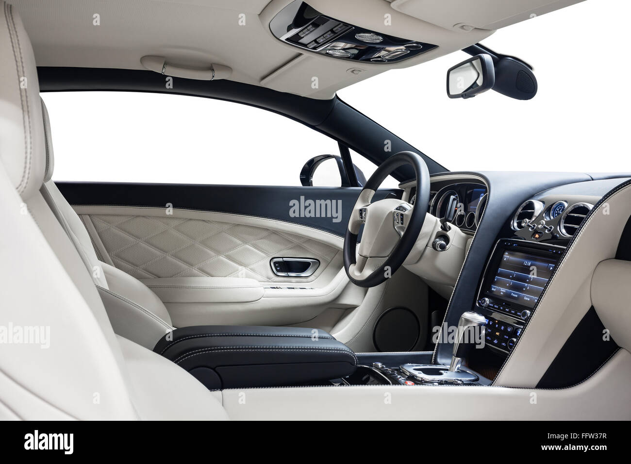 Car interior luxury. Steering wheel & dashboard. Cleaning and detailing ...