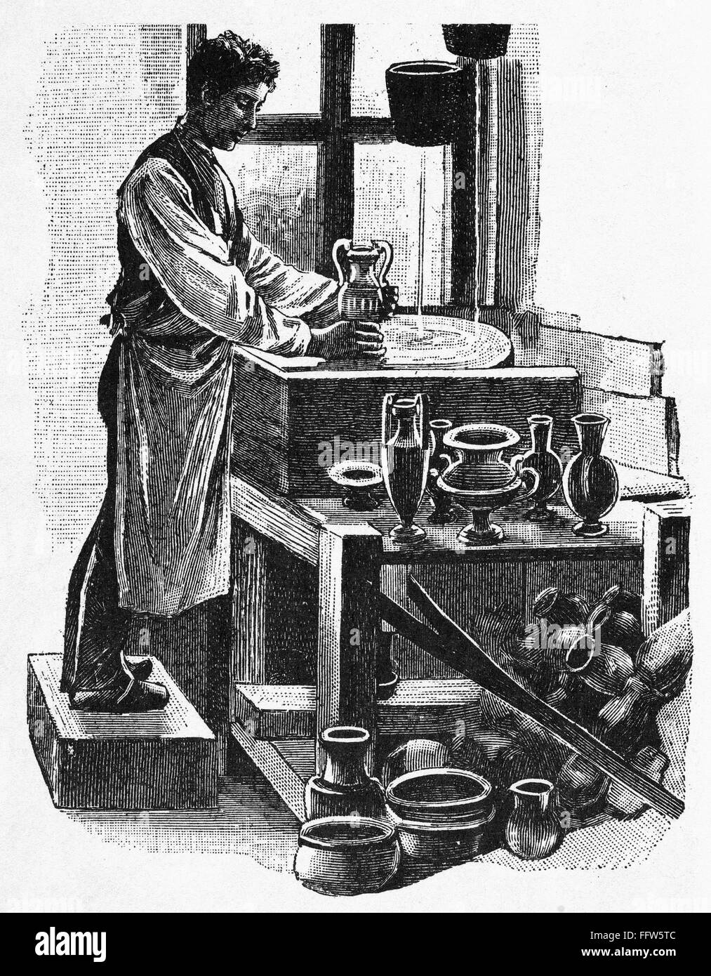 GLASSWORKER, 19th CENTURY. /nA glass worker making vases. Wood ...