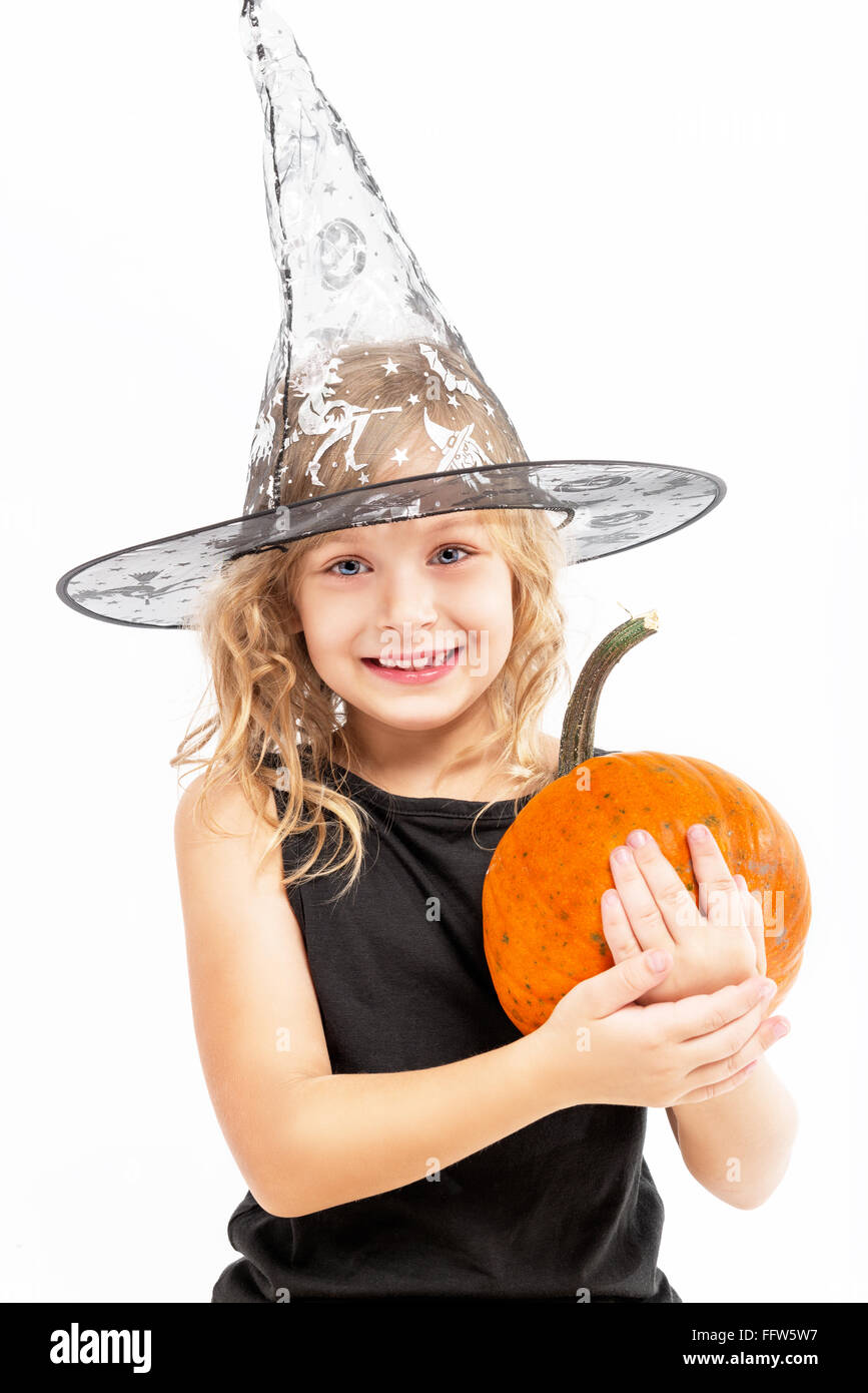Portrait of a pretty little girl in witch costume Stock Photo - Alamy