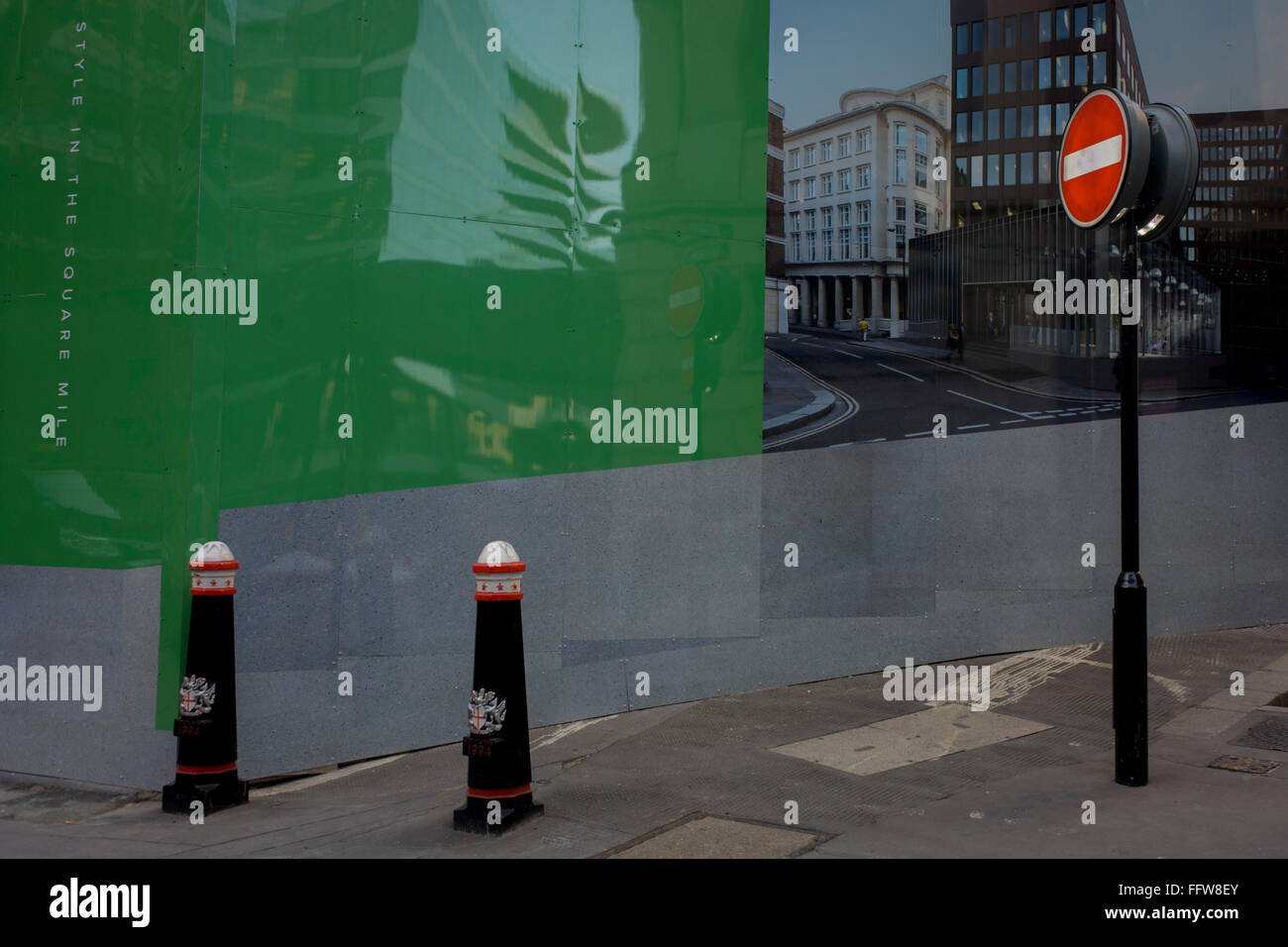 Present-day No Entry and traffic bollards sign interacting with the ...