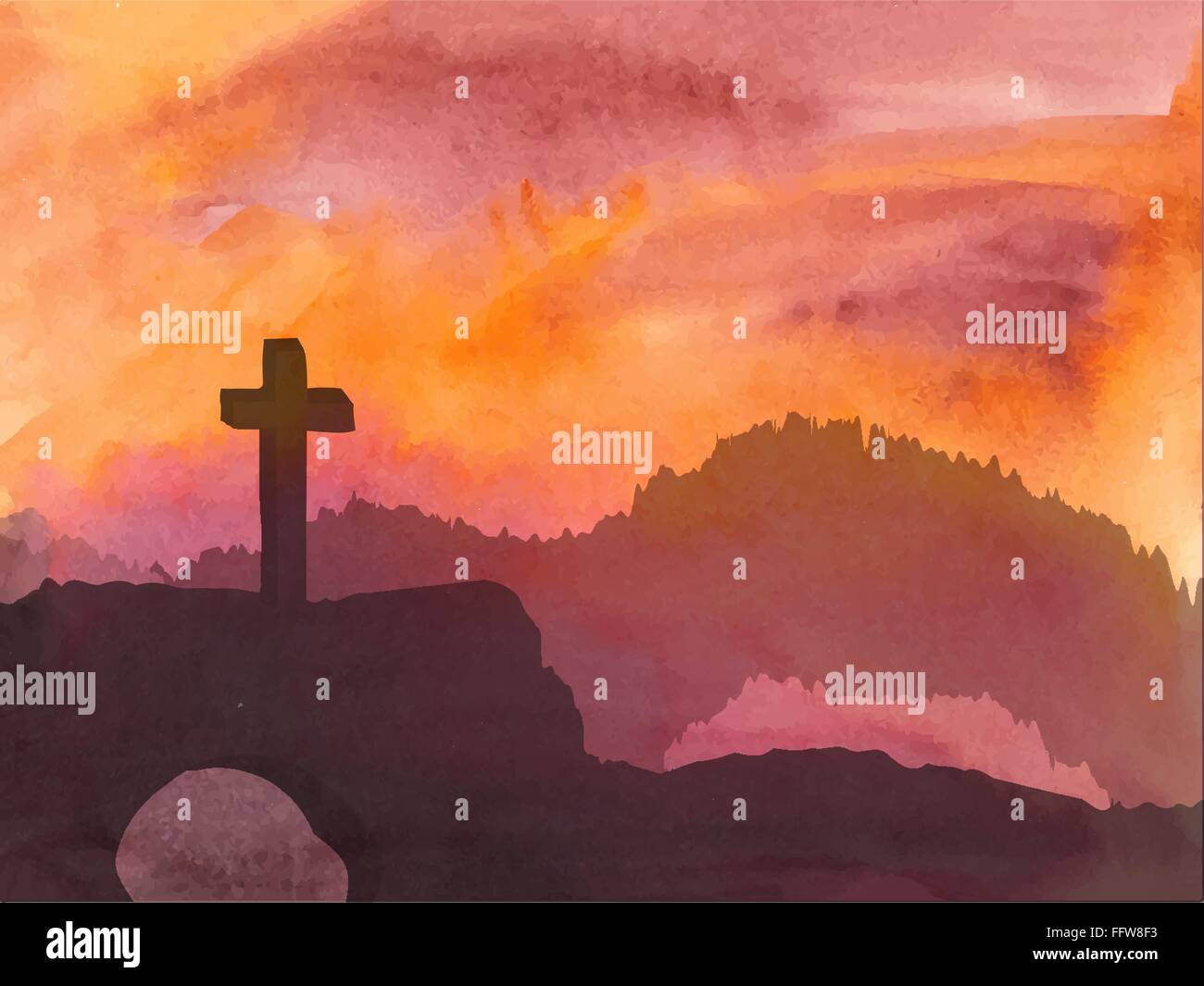 Easter scene with cross. Jesus Christ. Watercolor vector illustration ...