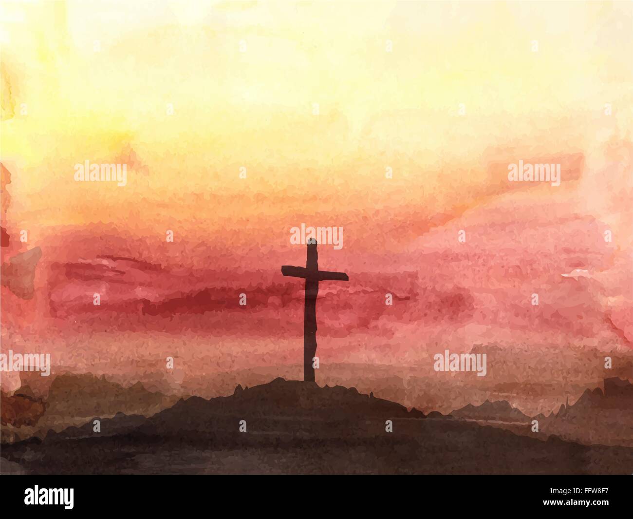 Easter scene with cross. Jesus Christ. Watercolor vector illustration ...