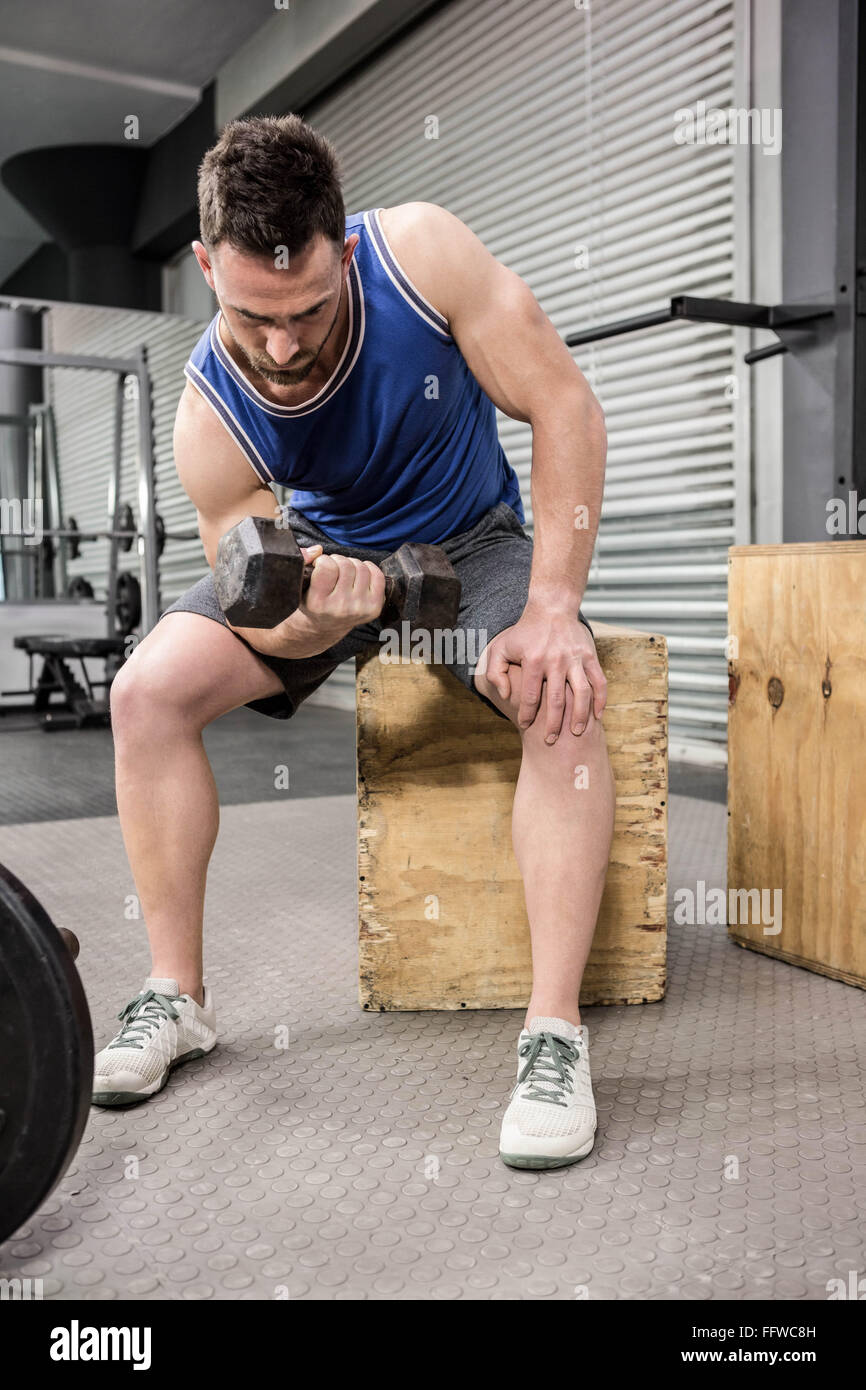 Muscular man lifting dumbbell on wooden block Stock Photo - Alamy
