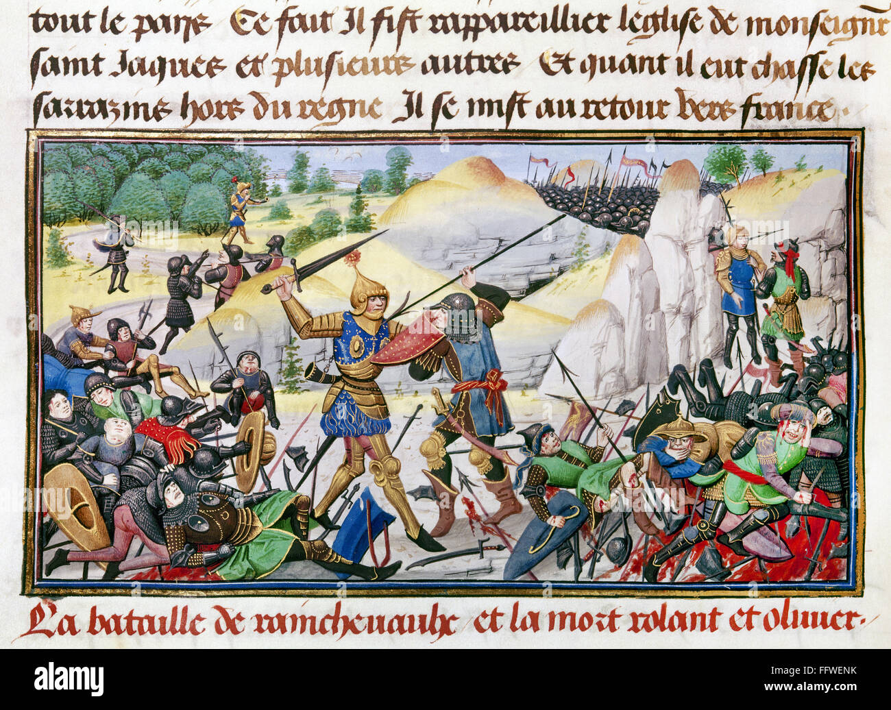 SONG OF ROLAND, 778 A.D. /nThe death of Roland (in gold armor), the ...