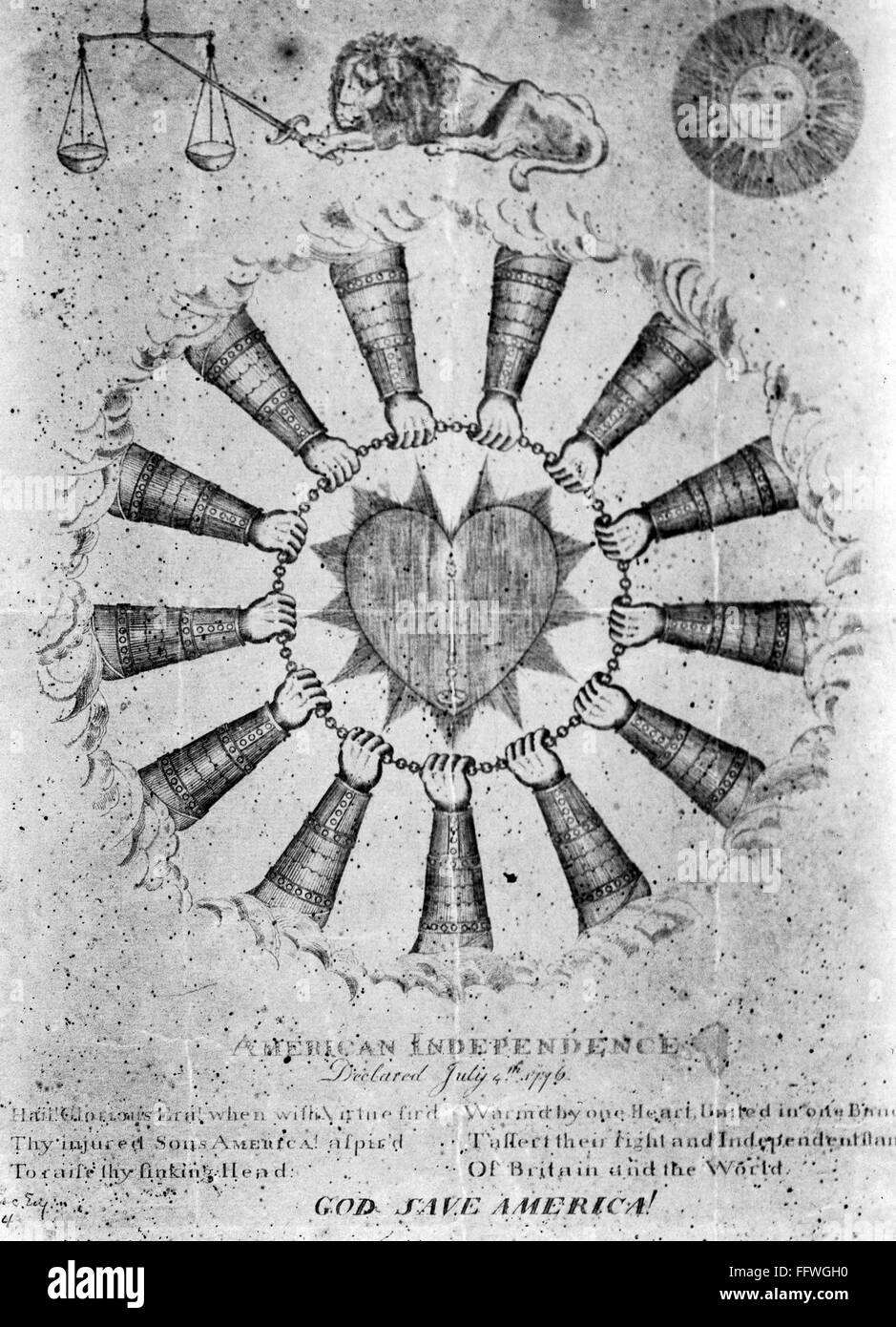 DECLARATION OF INDEPENDENCE. /n'God Save America.' 13 hands ...