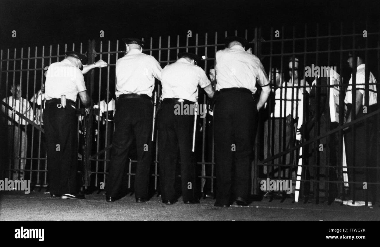 STEEL STRIKE, 1959. /nPlant protection guards closing the gates of U.S ...