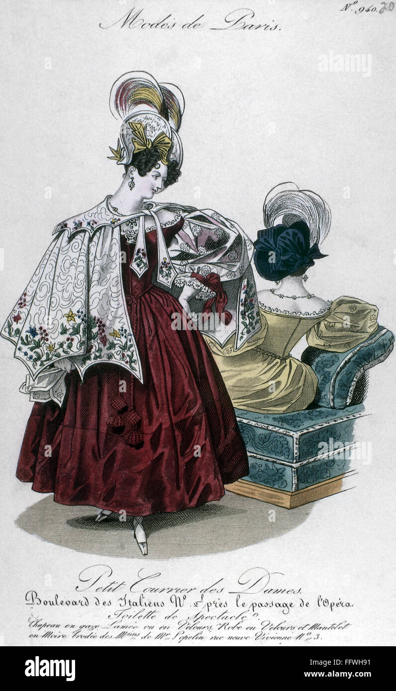 WOMEN'S FASHION, 1832. /nA woman wearing a red velvet dress and a moire ...