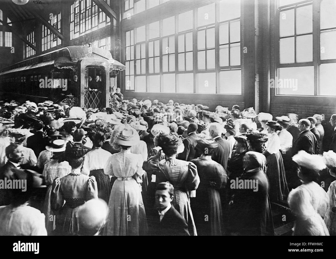 GOSPEL CAR, c1910. /nA crowd in a train shed at a railroad station ...