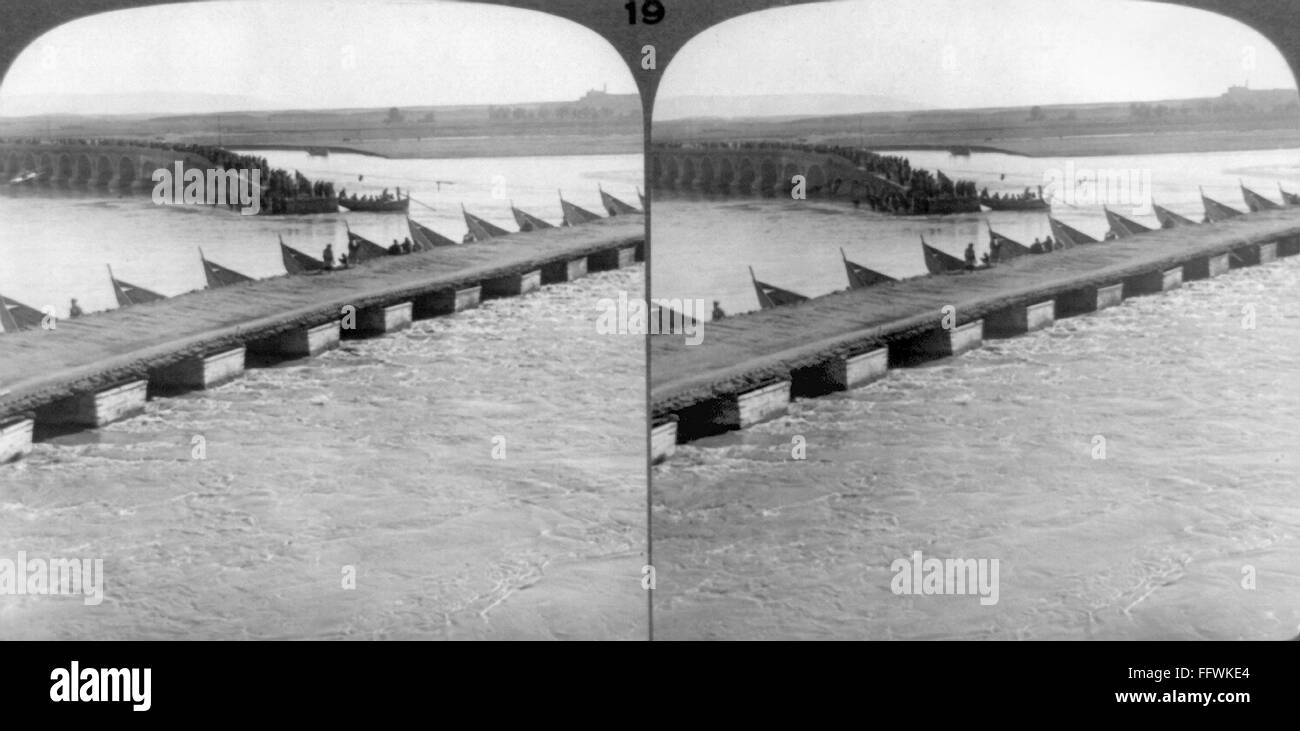 TIGRIS RIVER: BRIDGES. /nA bridge of boats and a stone bridge on the ...