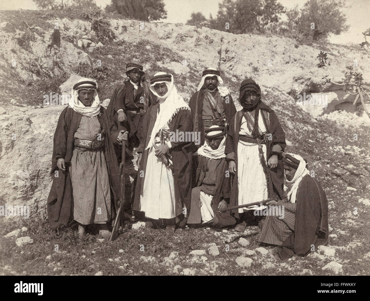 BEDOUINS, c1905. /nGroup of bedouin men, some armed with rifles, swords ...